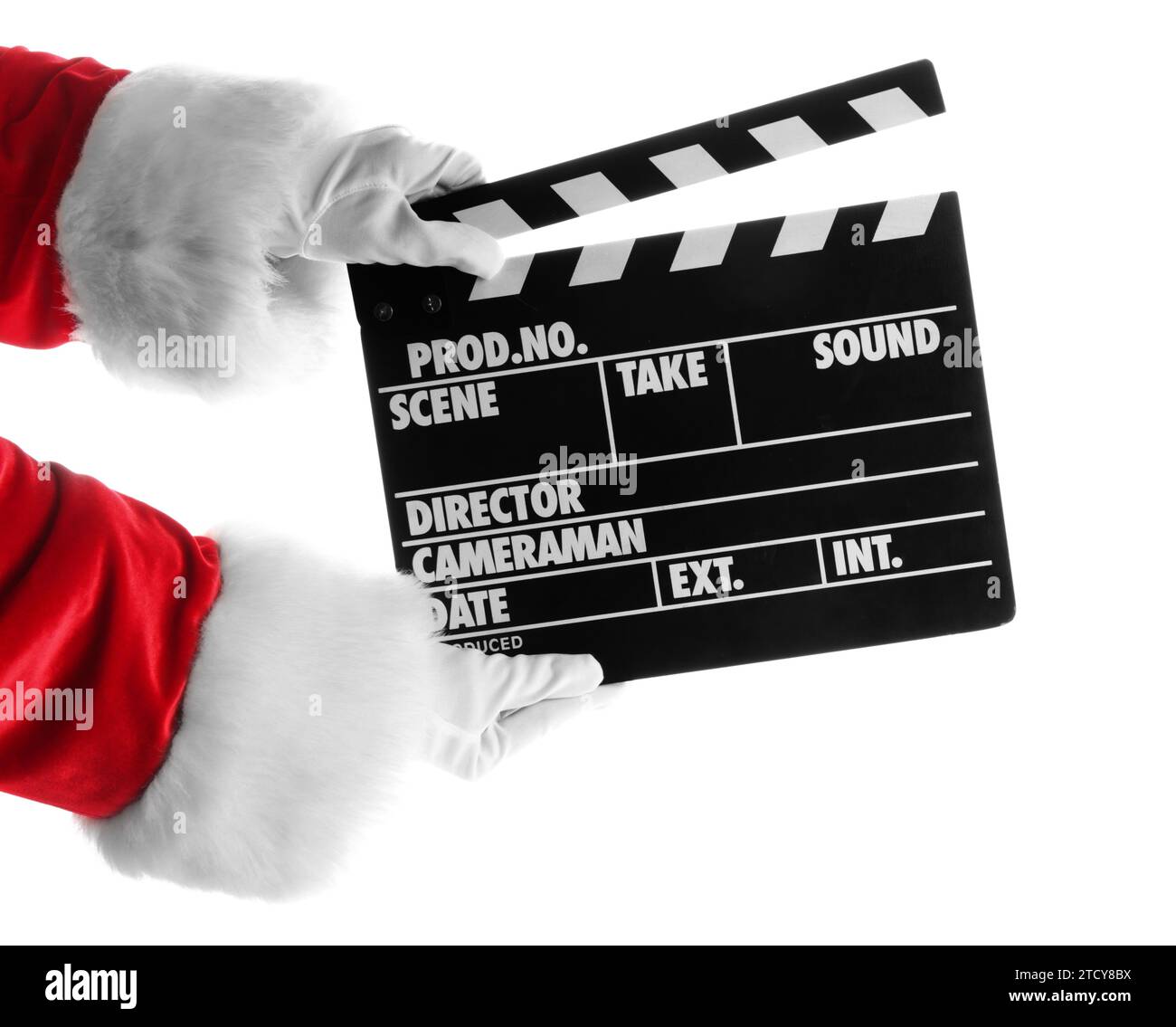 Santa hands with movie clipper on white background Stock Photo - Alamy