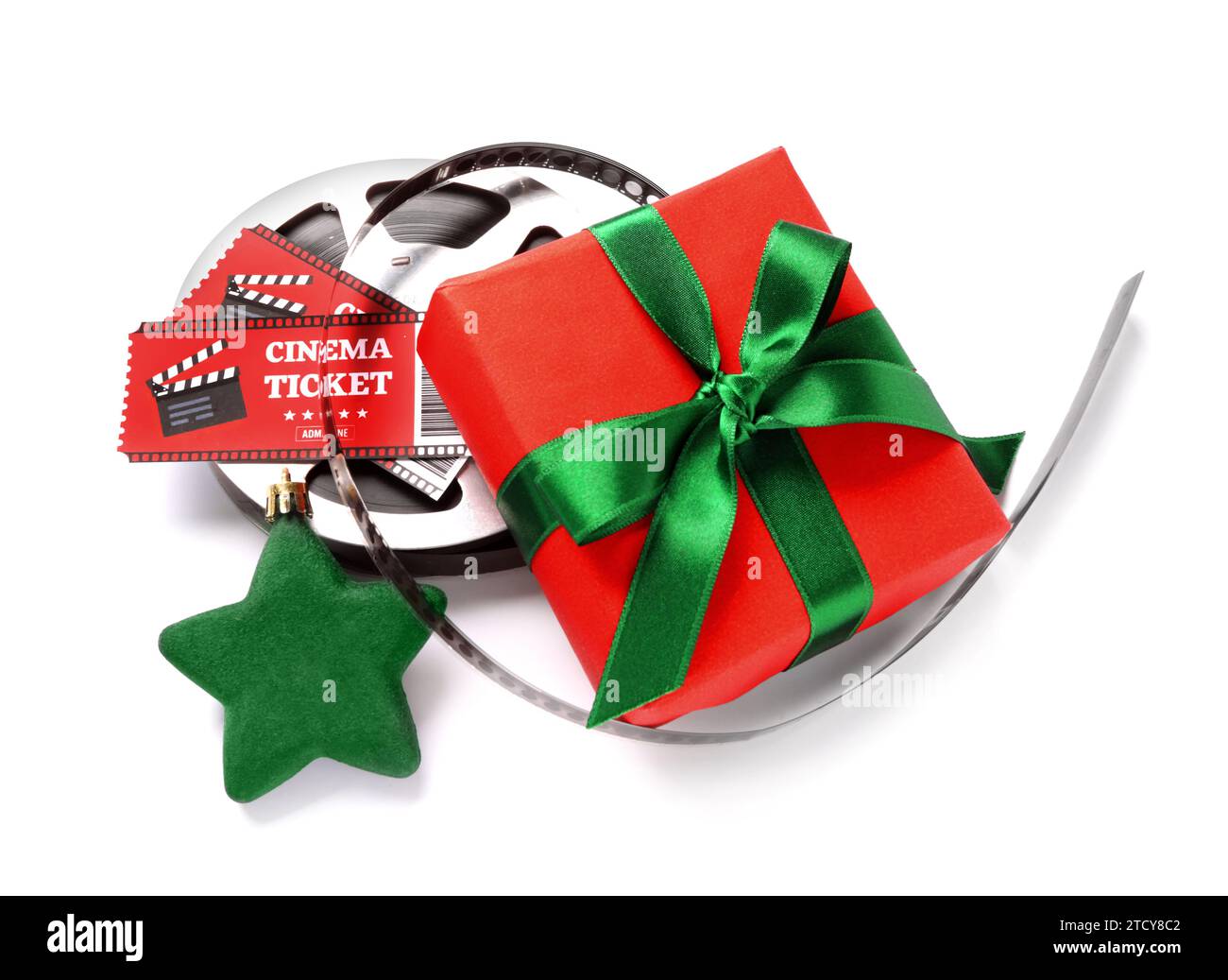 Film reel with cinema tickets and gift box on white background Stock ...