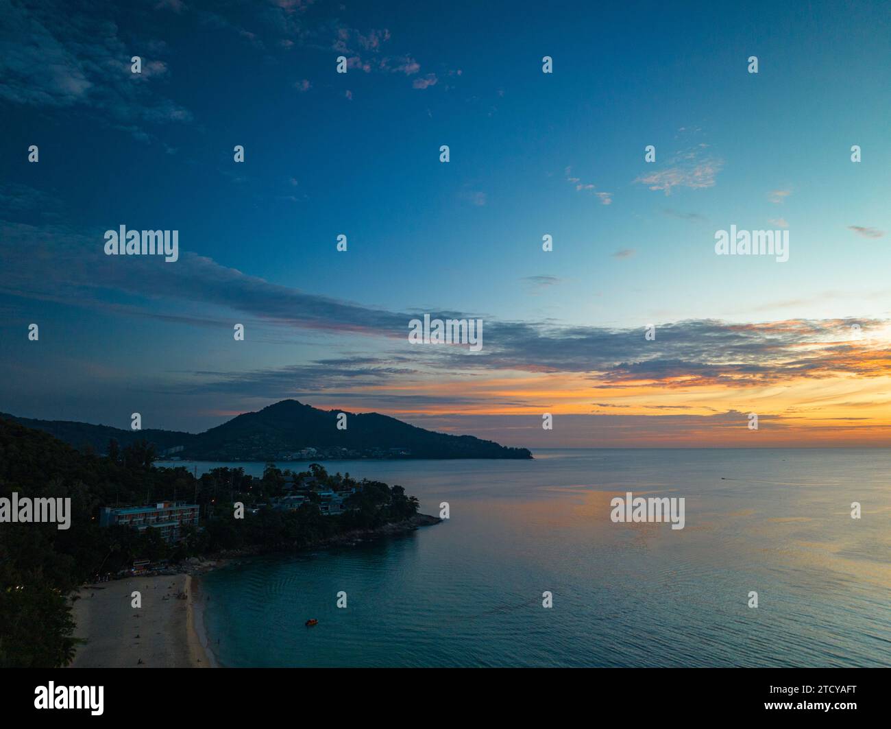 aerial panorama beautiful sunset at Surin beach Phuket. amazing colorful cloud in beautiful sky ...