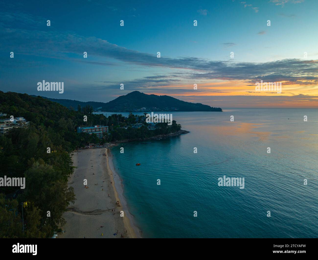 aerial panorama beautiful sunset at Surin beach Phuket. amazing colorful cloud in beautiful sky ...