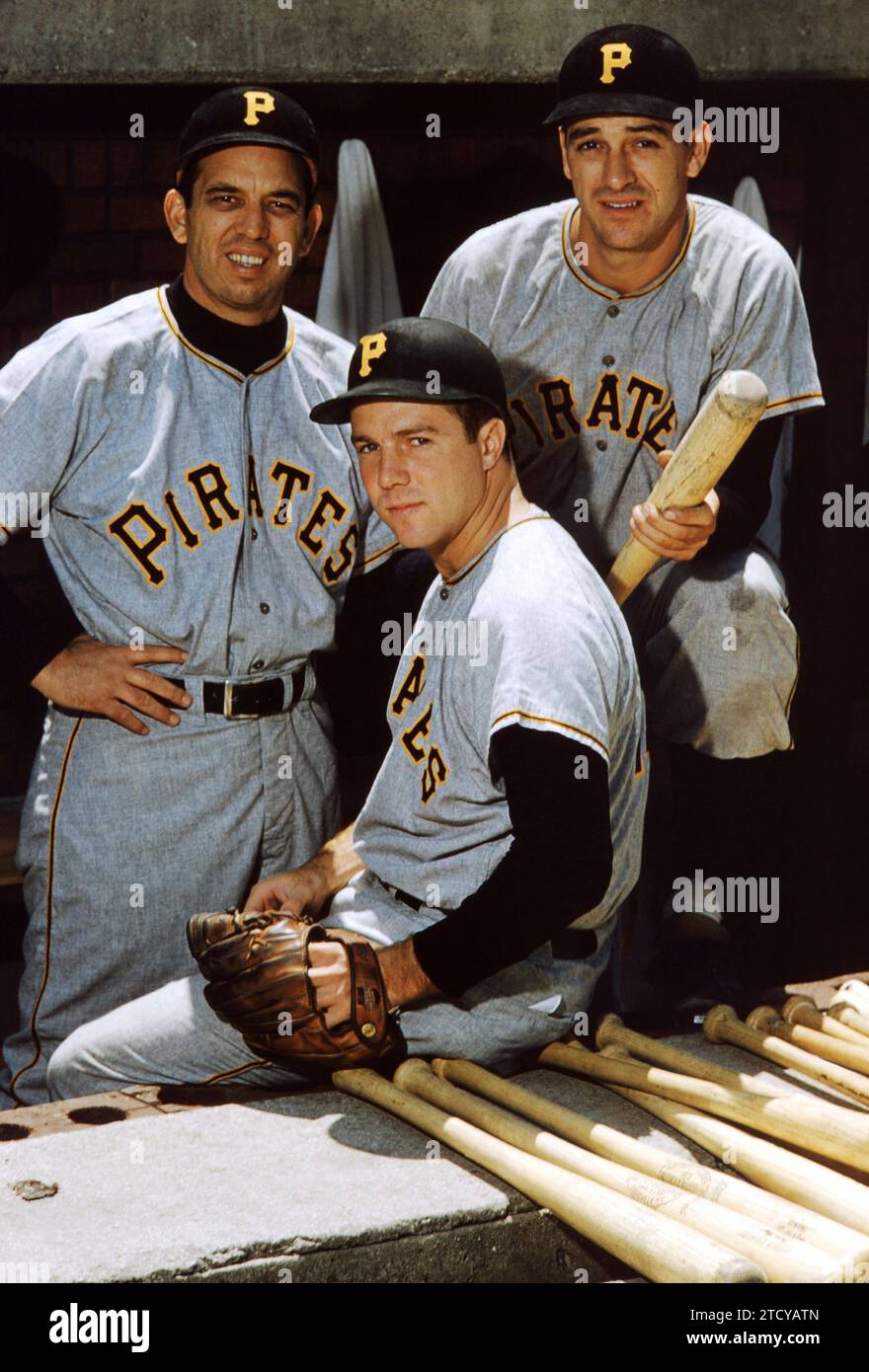 MAY, 1956: Manager Bobby Bragan, Dale Long #3 and Bob Friend #19 of the ...