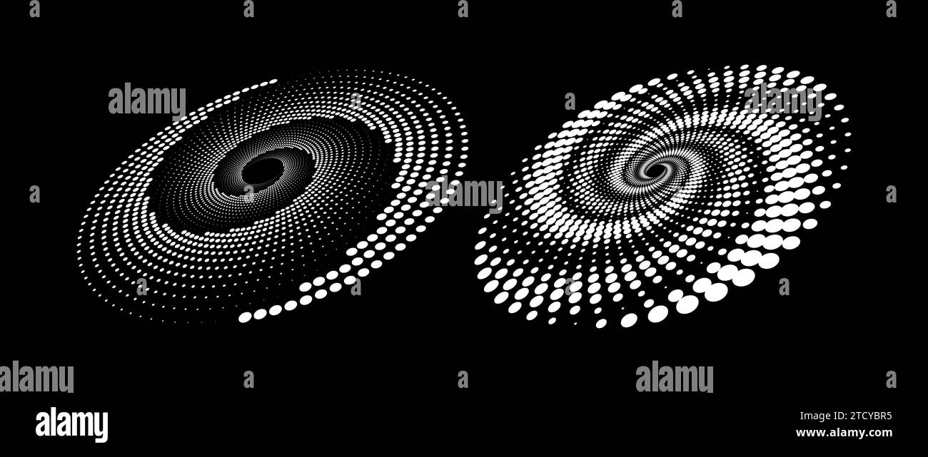 Halftone speed spiral set. White dynamic dotted lines in perspective ...