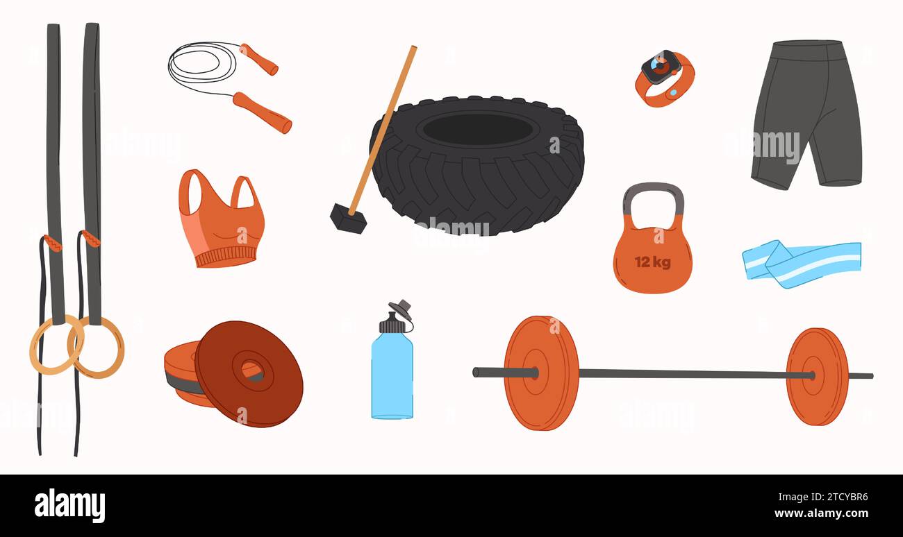 Vector workout objects set. Gym equipment flat design. Collection on ...