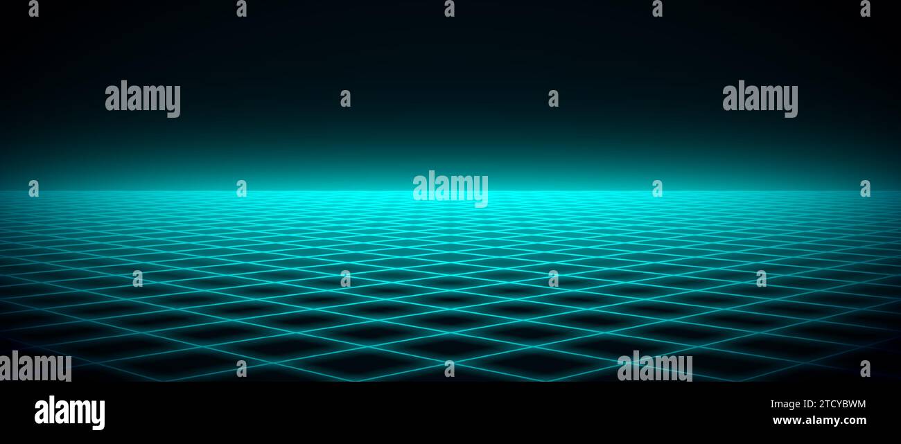 Glowing neon wireframe horizon background. Light green blue grid room ...