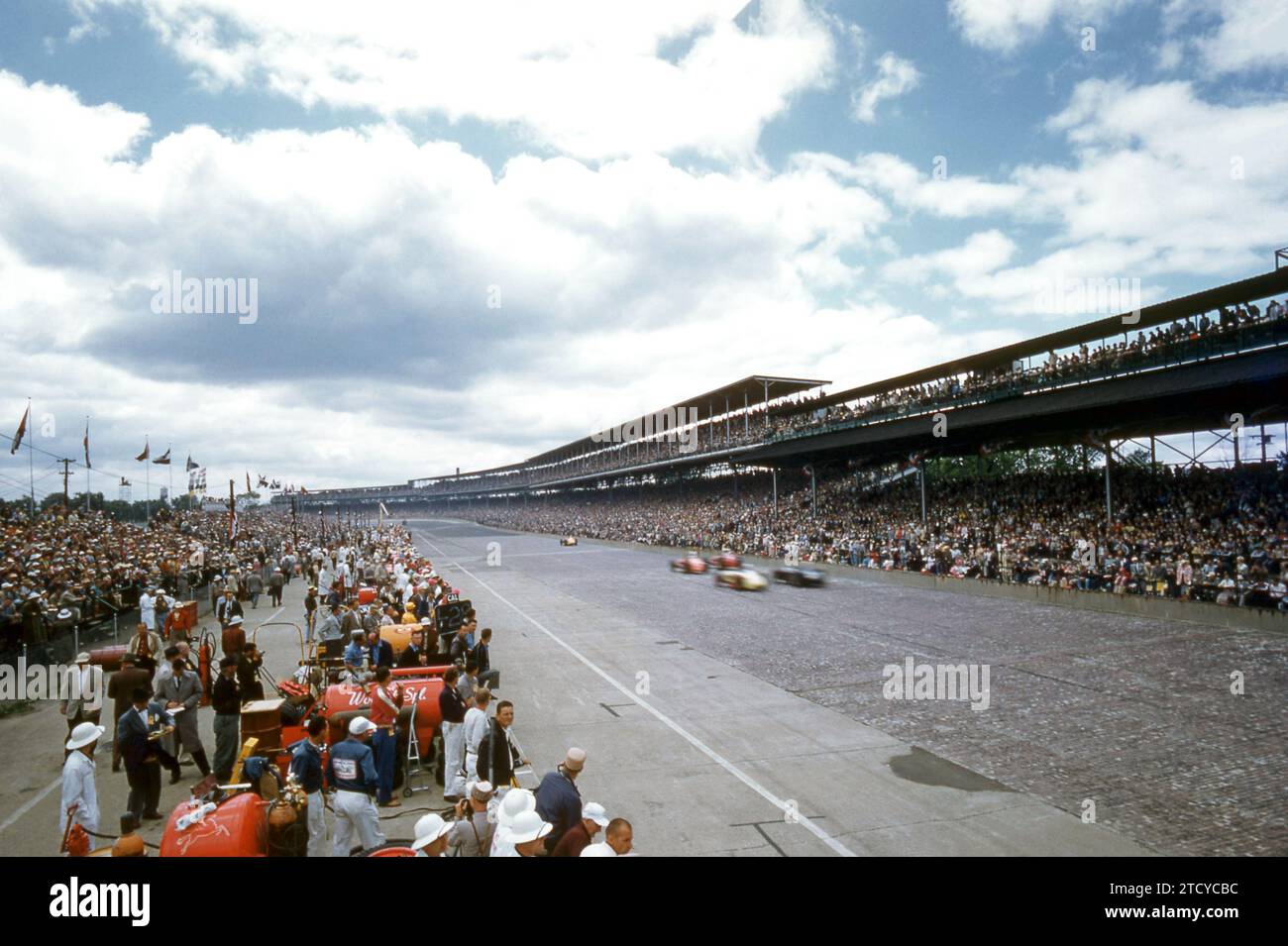 INDIANAPOLIS, IN - MAY, 1955: General view as cars race around the ...