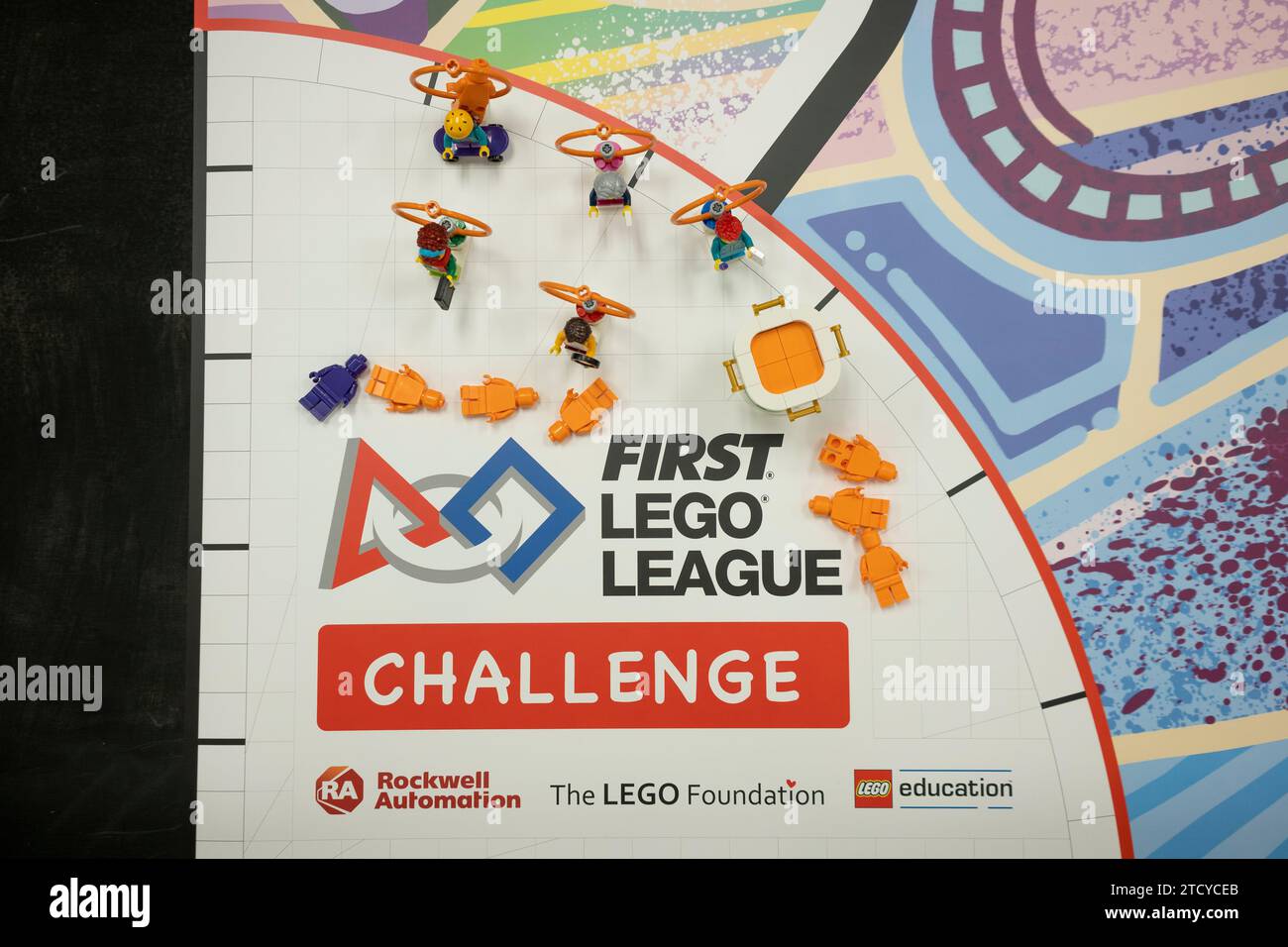 Top view of a FIRST LEGO League (FLL) competition field seen at a FLL ...