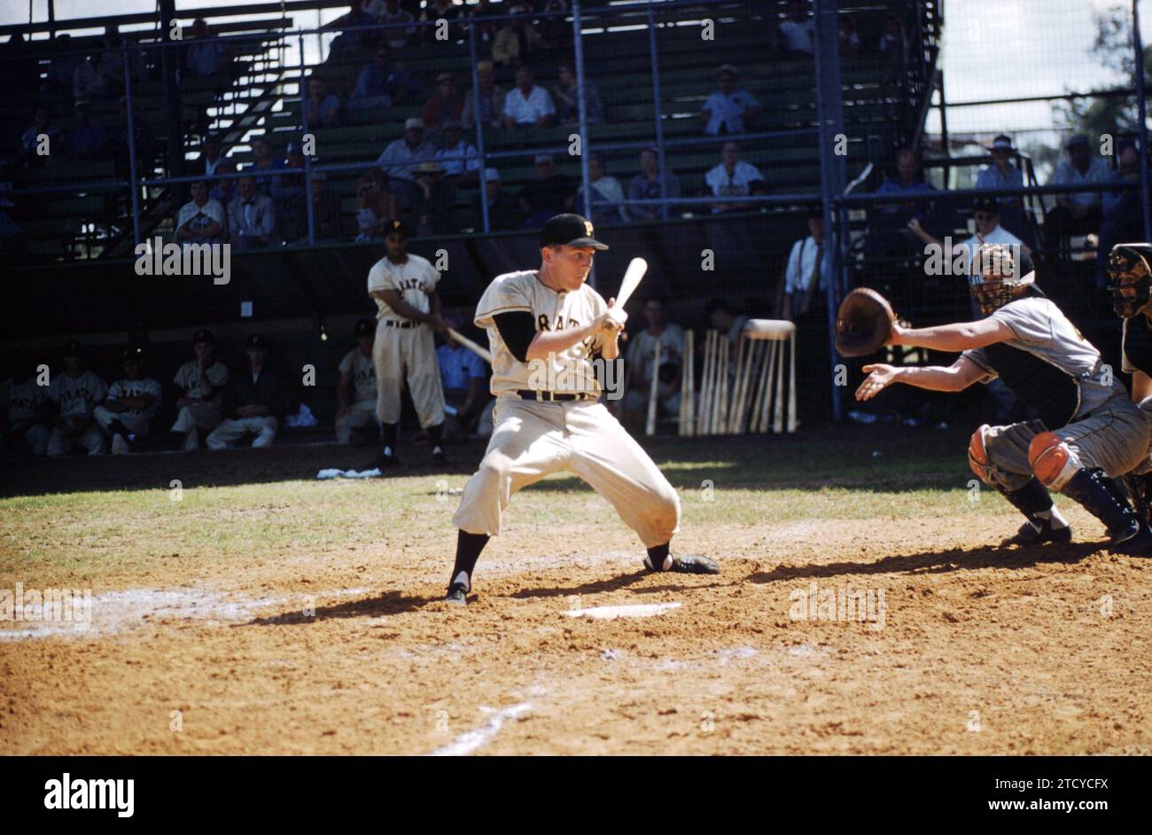 FL - MARCH, 1957: John Powers #14 of the Pittsburgh Pirates takes the ...