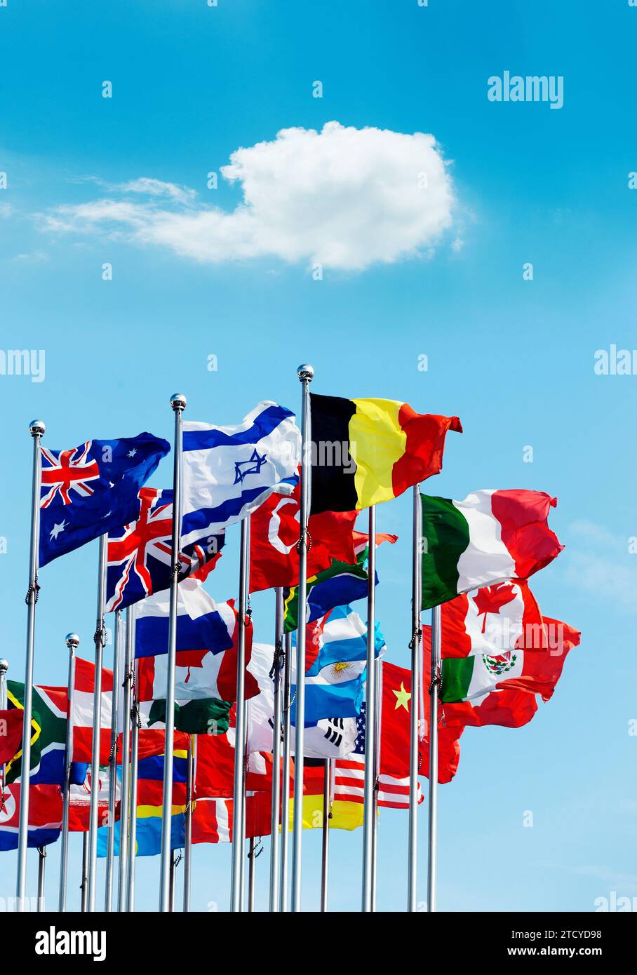 Set of flags fluttering in the wind against blue sky background Stock ...