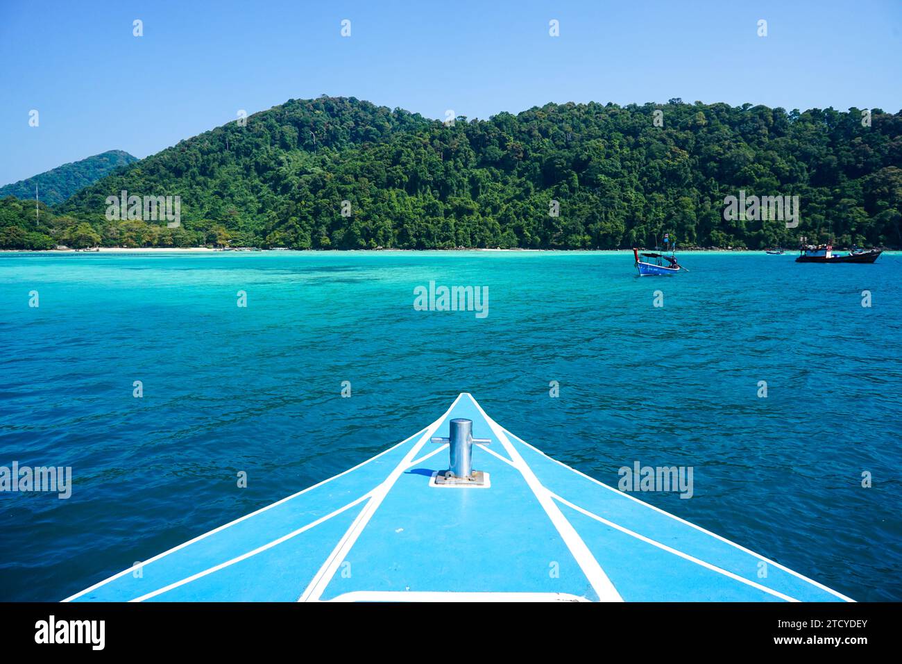 Speed boat bow while heading with beautiful water and blue sky to Moo ...
