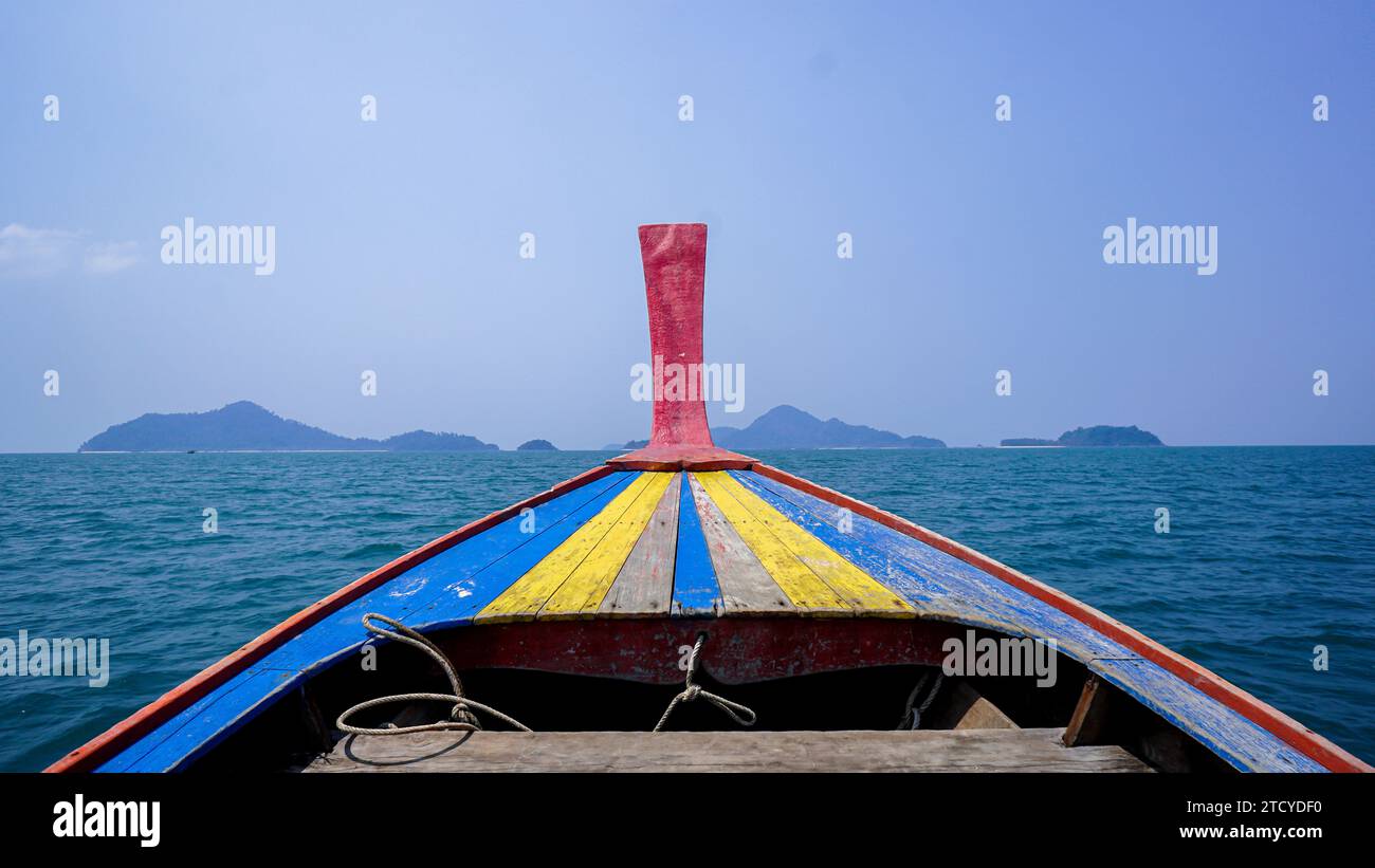 Traditional wooden longtail taxi boat nose. Main Thailand tourist ...