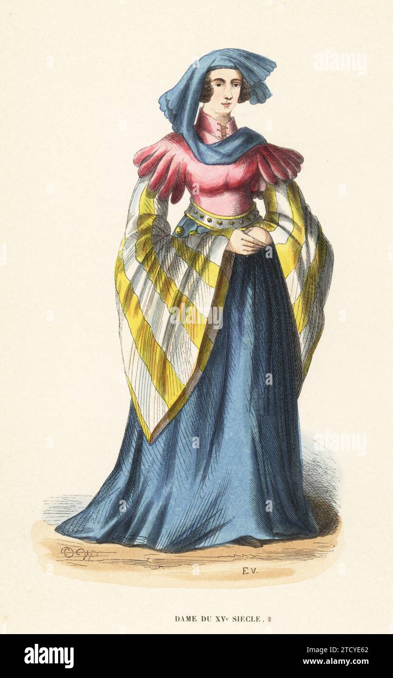 French lady of the 15th century. In kerchief headdress, dagged ...