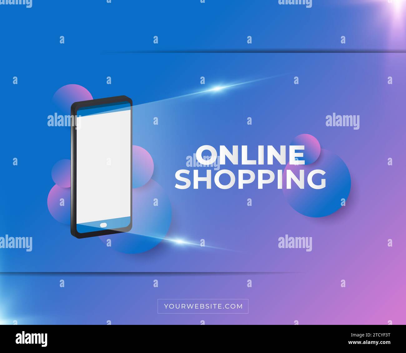 Online Shopping banner or poster with smartphone lights and 3d ball on ...