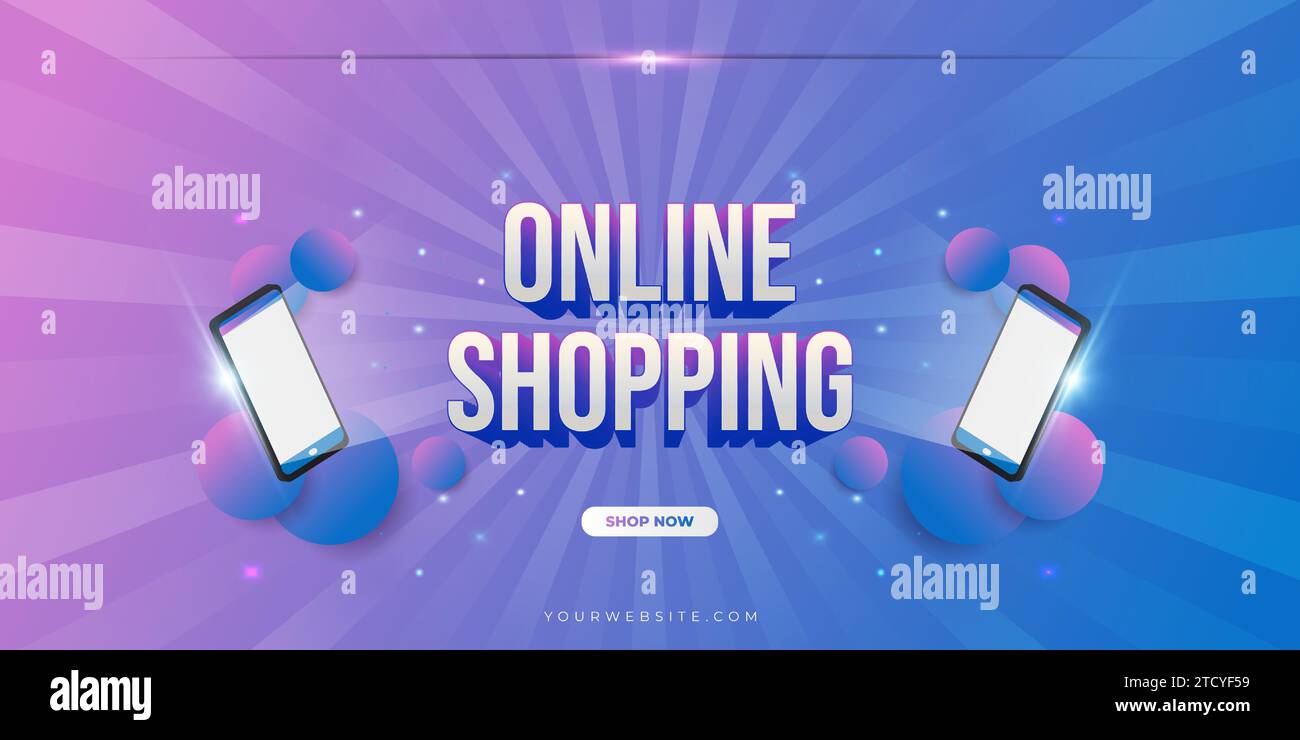 Online Shopping Banner with glowing smartphone, realistic ball on ...