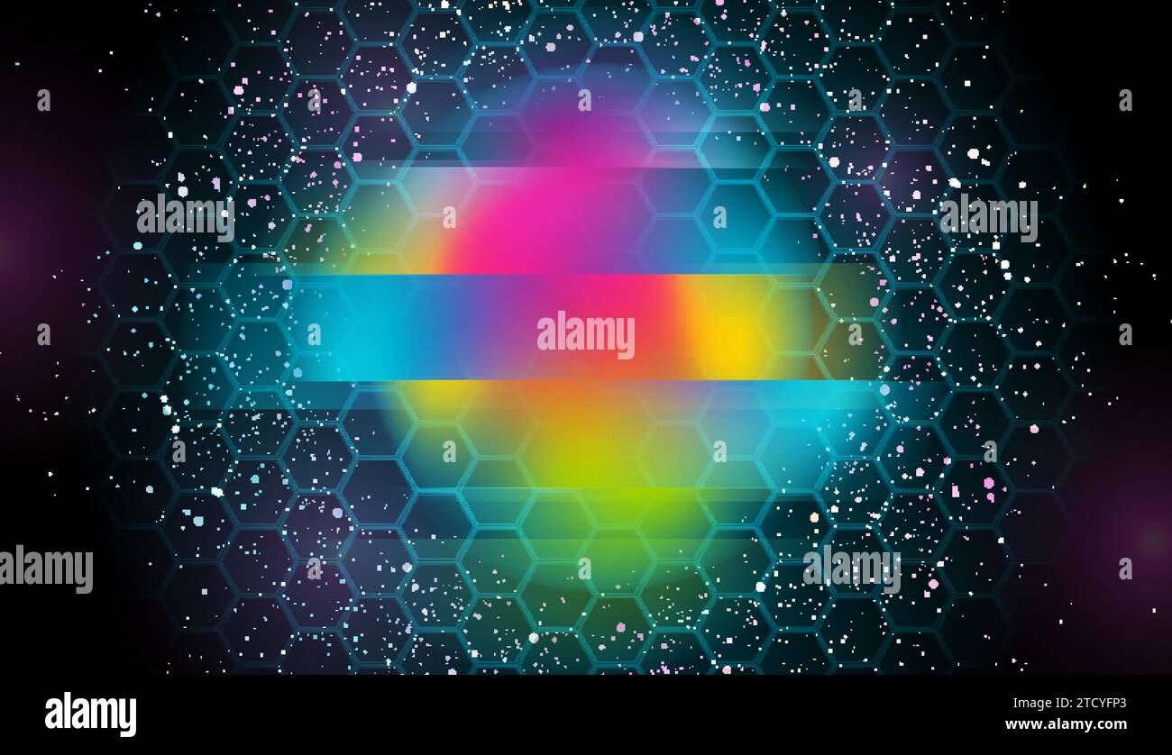 Holographic glitch sphere and shiny particles on hexagonal background ...