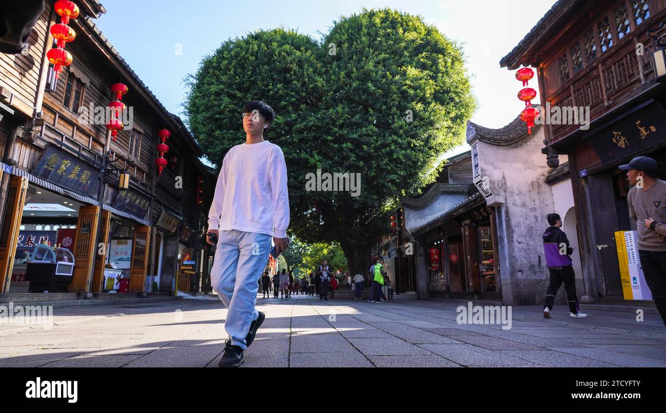 A banyan tree resembling the shape of a heart at Sanfang Qixiang draws ...