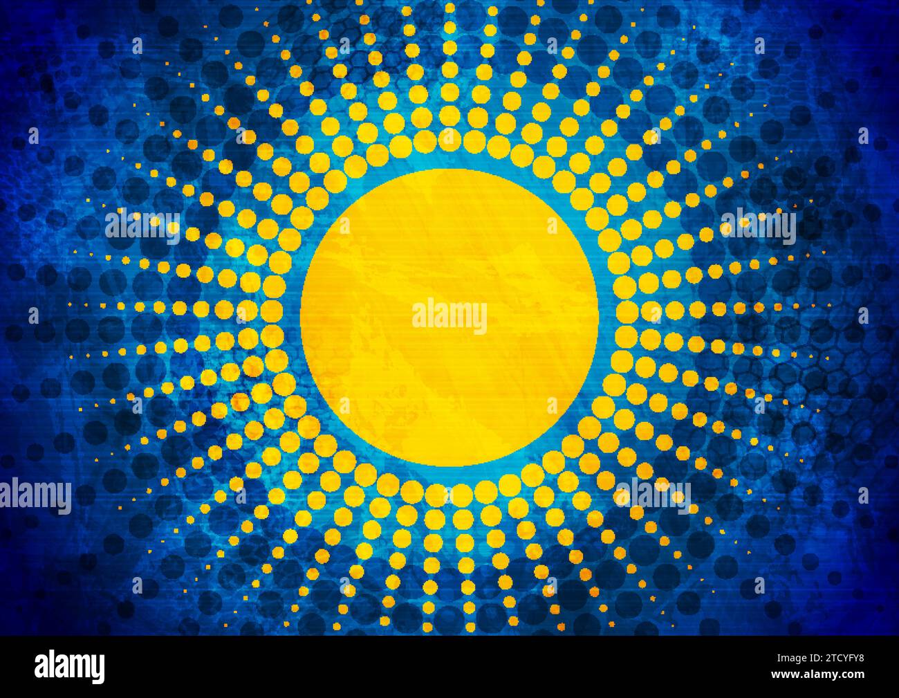 Grunge halftones circle sun and beams abstract background. Vintage ...