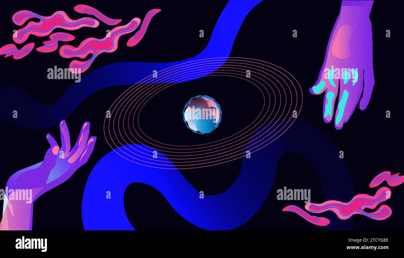 Abstract Background Design With Planets and Hands Stock Photo - Alamy