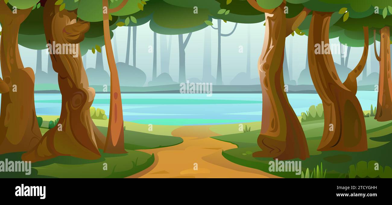 Path to river in forest. View of trees. Scenery Landscape. Fun cartoon ...