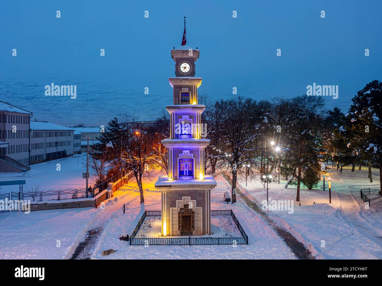 Clock tower in Erzincan Province snow gold and night exposure, Turkey ...