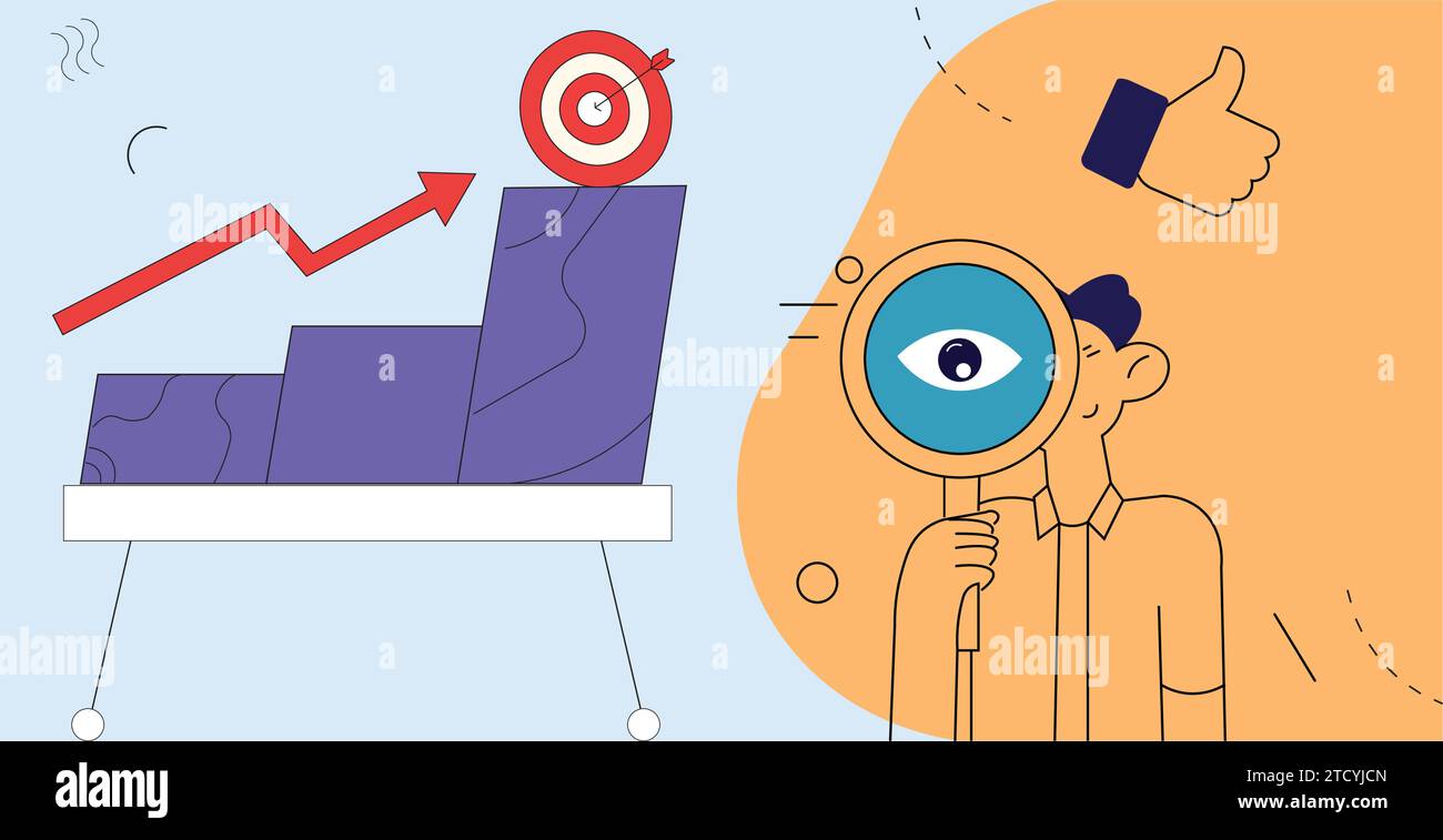 Businessman looking through a magnifying glass at a target, vector ...