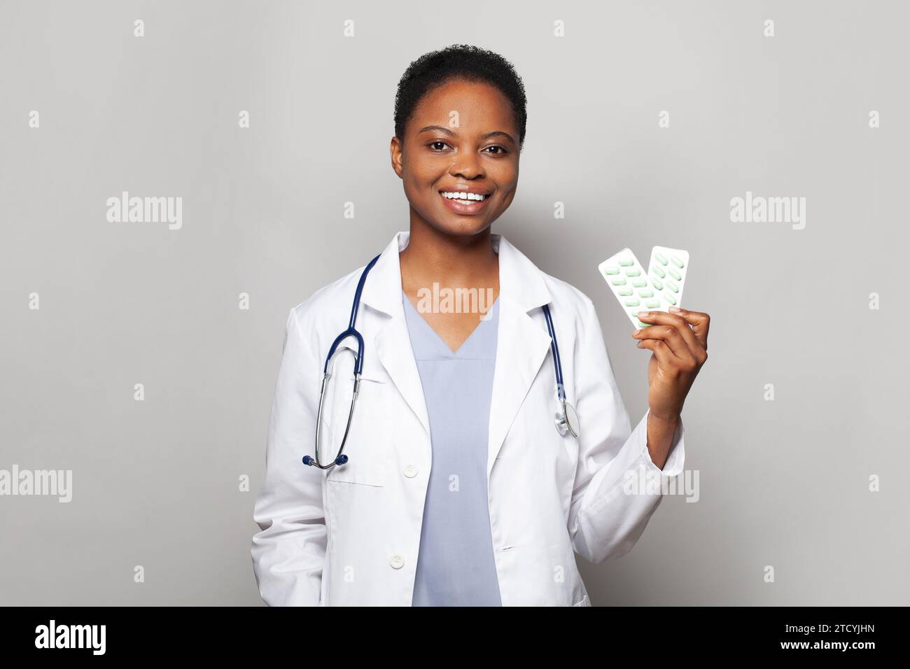 Happy confident doctor and prescription medication for patient or over ...