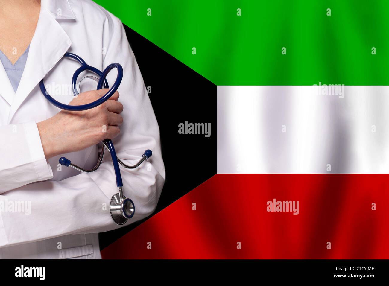 Kuwaiti medicine and healthcare concept. Doctor close up against flag ...