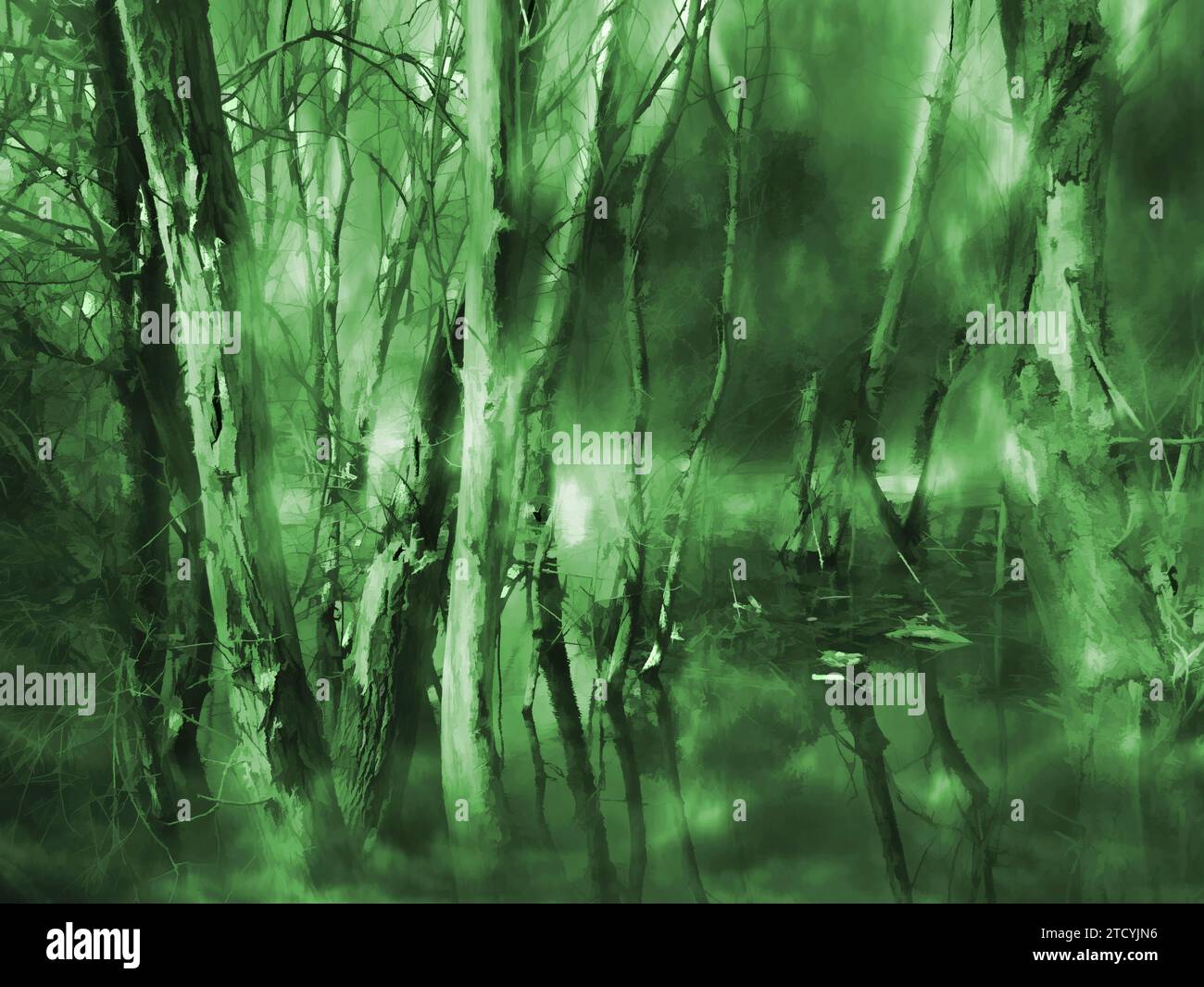 Digital illustration art. Mysterious, Dark and abandoned lake Stock ...