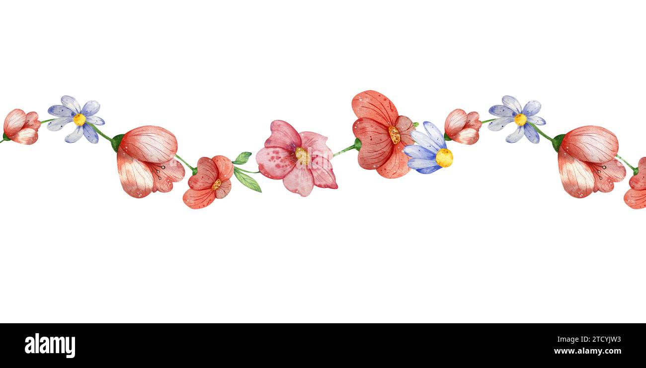 a flower garland. Horizontal watercolor composition of light summer ...