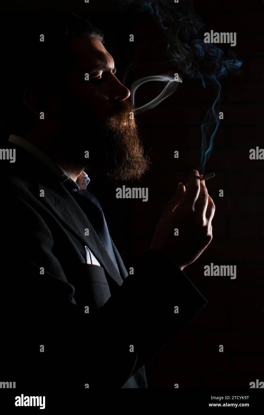 Businessman in suit smoking cigarette. Dark shadow on face young man ...