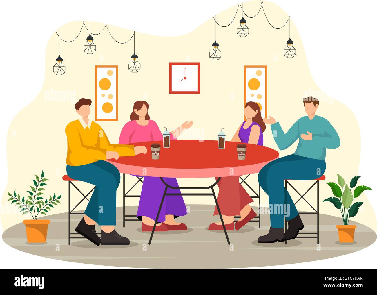 Double Date Vector Illustration with Two Couples who were Eating and ...