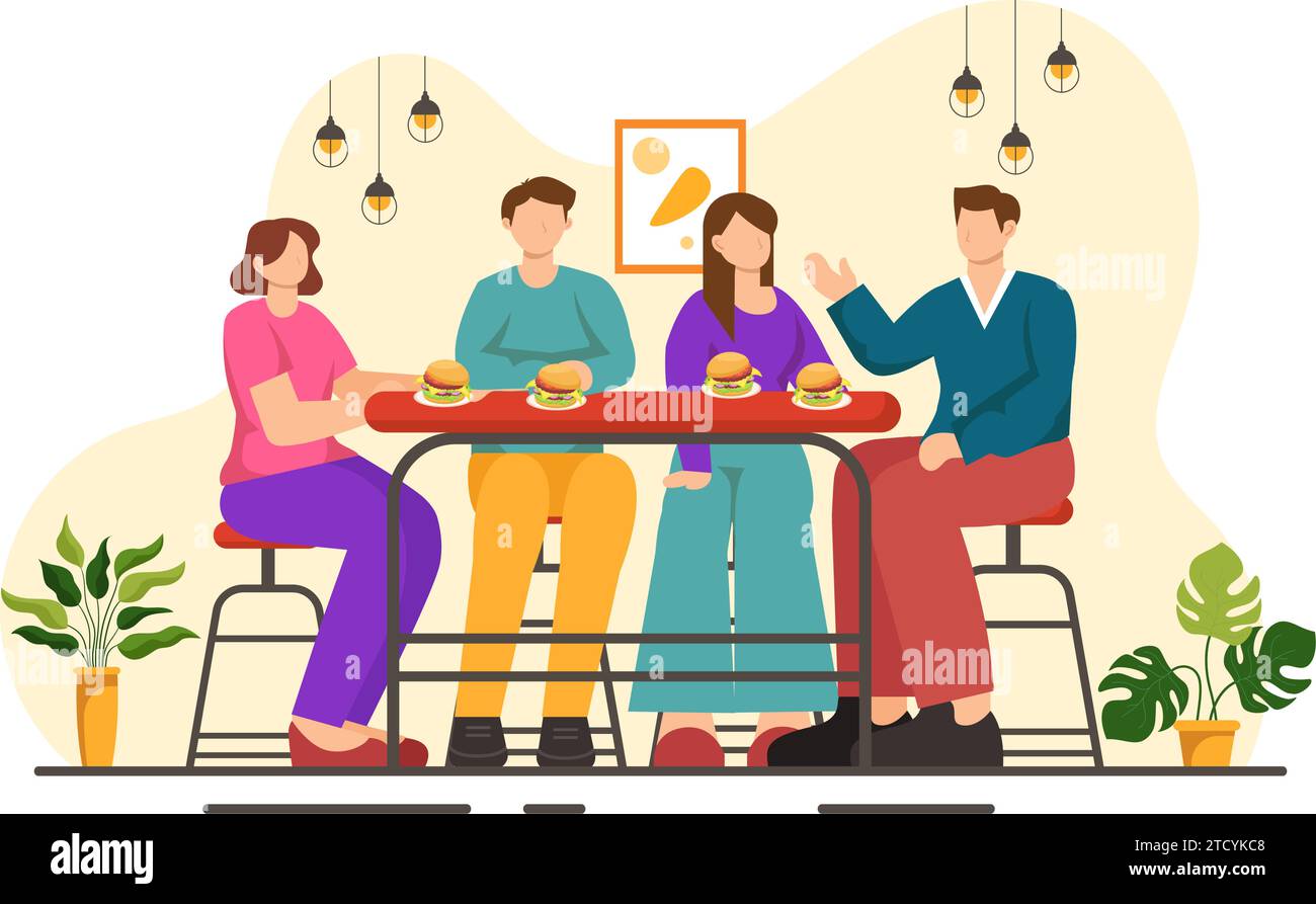 Double Date Vector Illustration with Two Couples who were Eating and ...