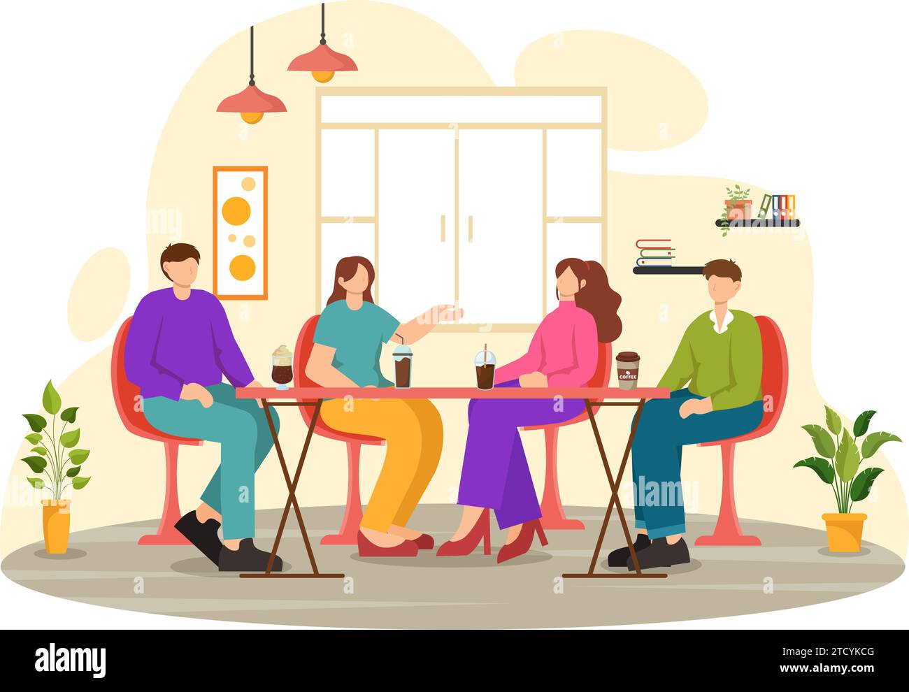 Double Date Vector Illustration with Two Couples who were Eating and ...