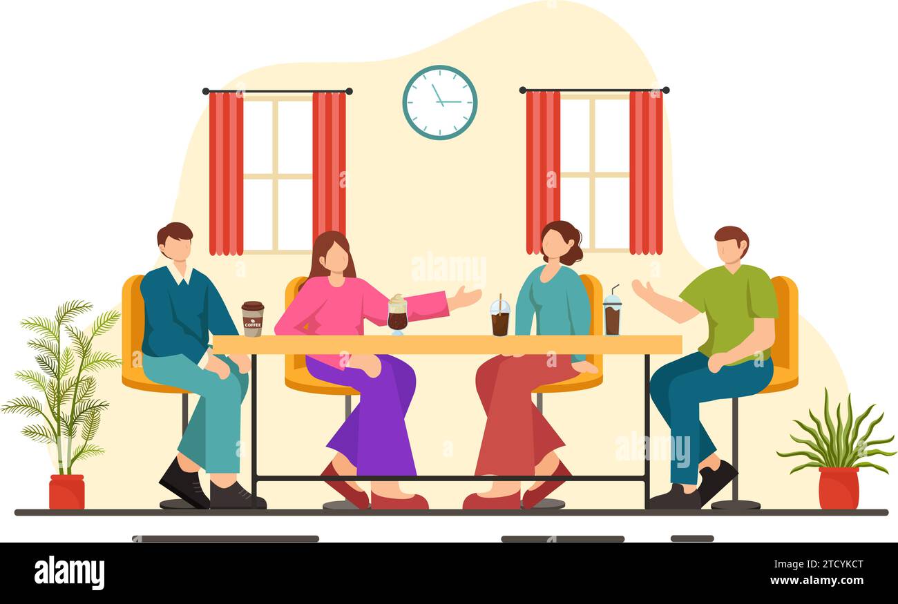 Double Date Vector Illustration with Two Couples who were Eating and ...