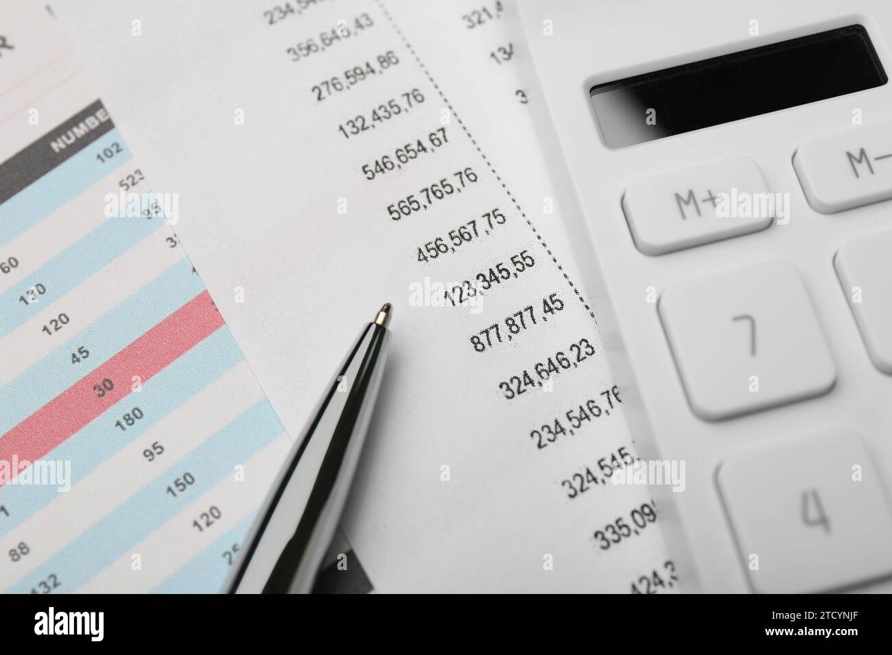 Pen and calculator on accounting documents with data, closeup Stock ...