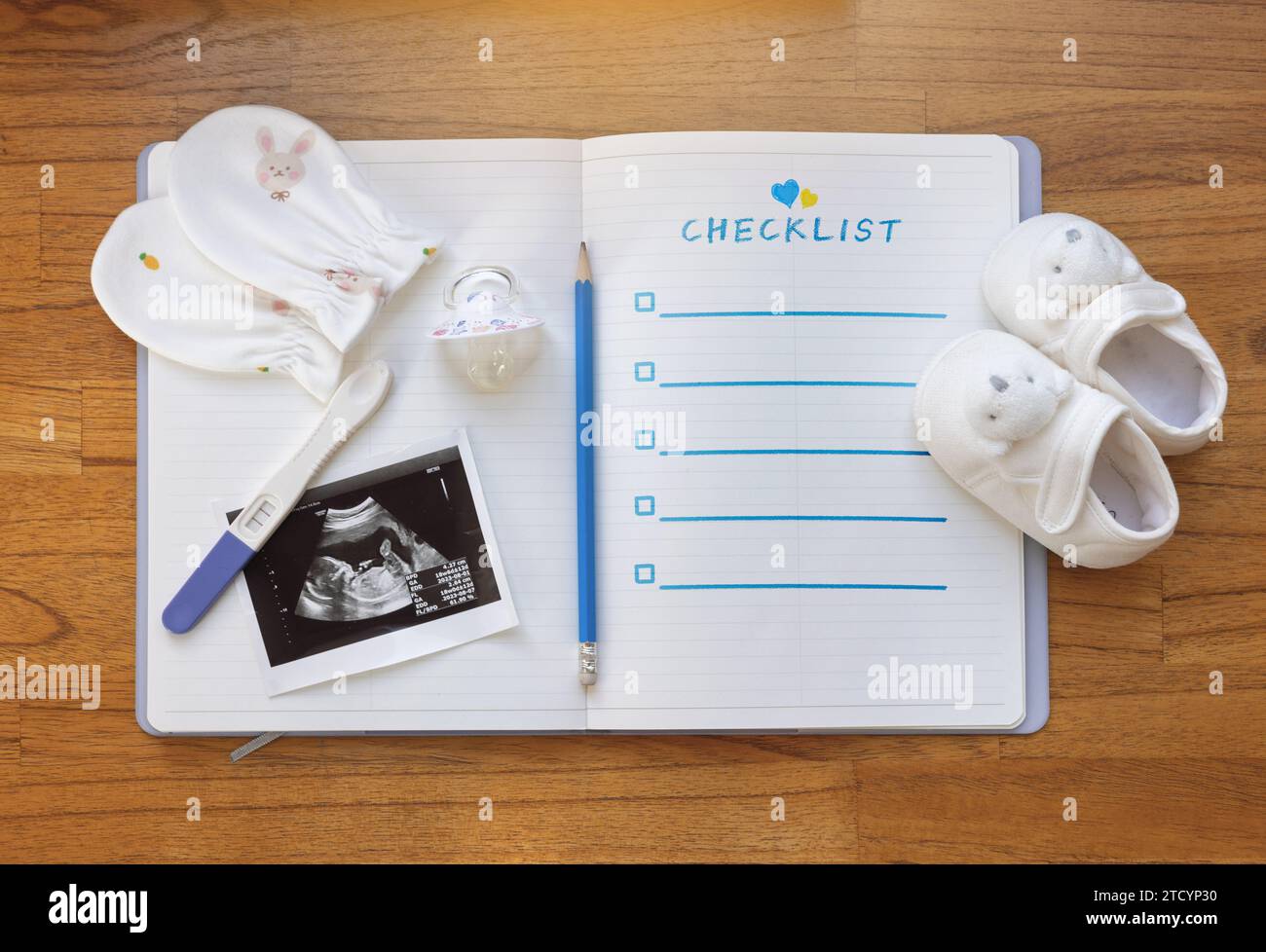 Notes and baby items, text space, plan, checklist Stock Photo - Alamy