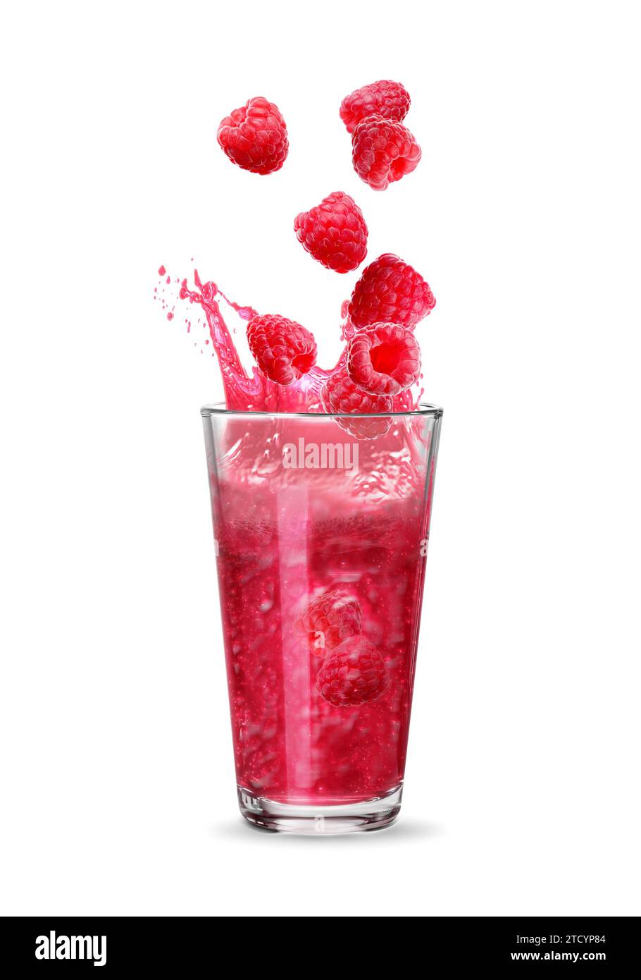 Fresh raspberry juice splashing from glass on white background Stock ...