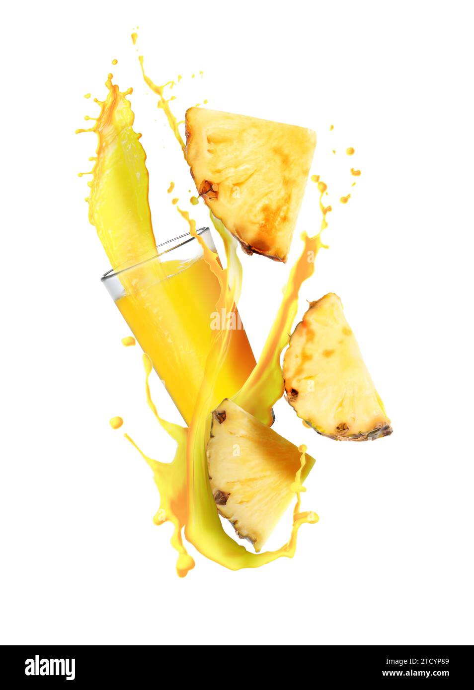 Fresh pineapple juice splashing from glass on white background Stock ...