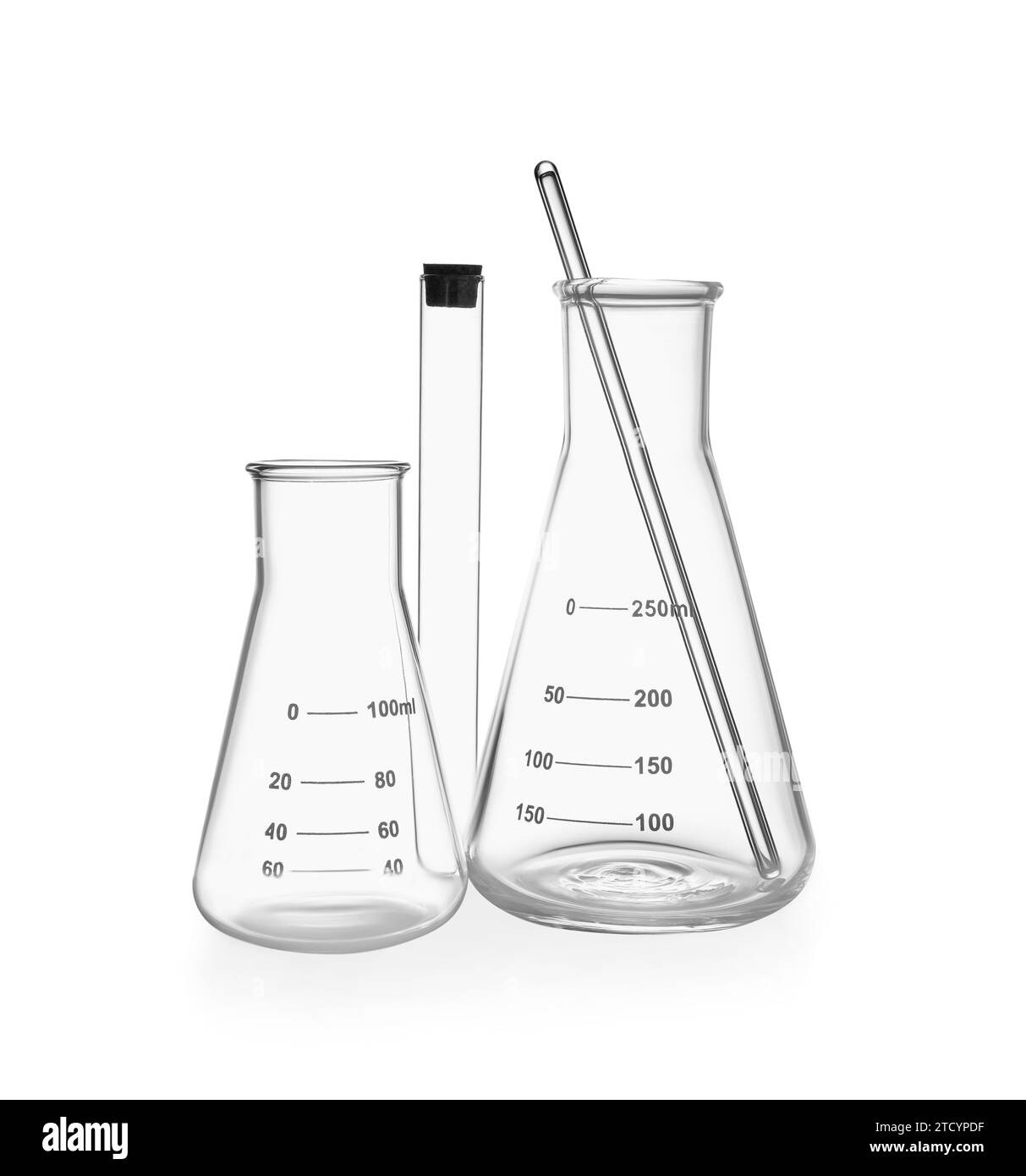 Empty flasks, test tube and stirring rod isolated on white Stock Photo ...