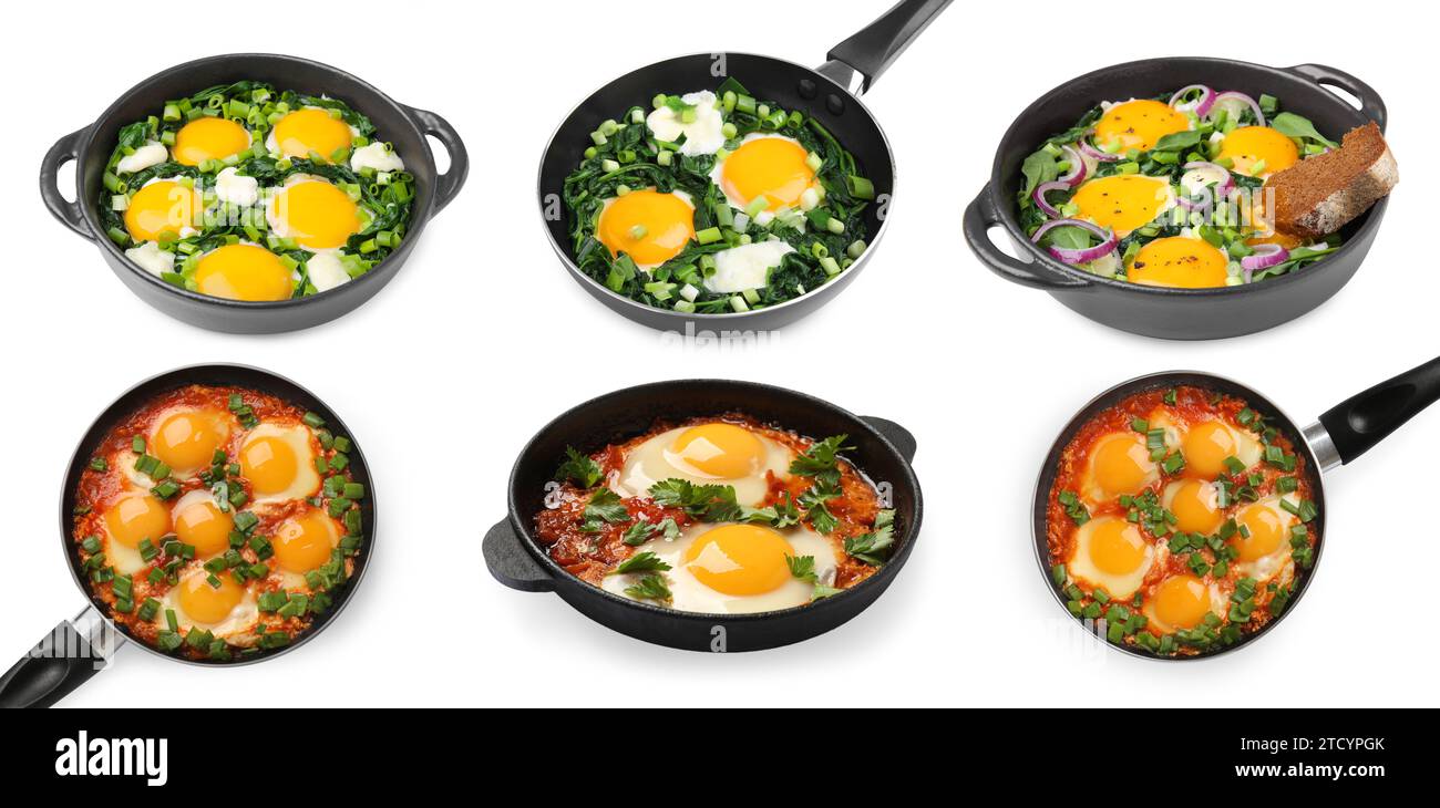 Delicious shakshuka in frying pans isolated on white, set Stock Photo ...