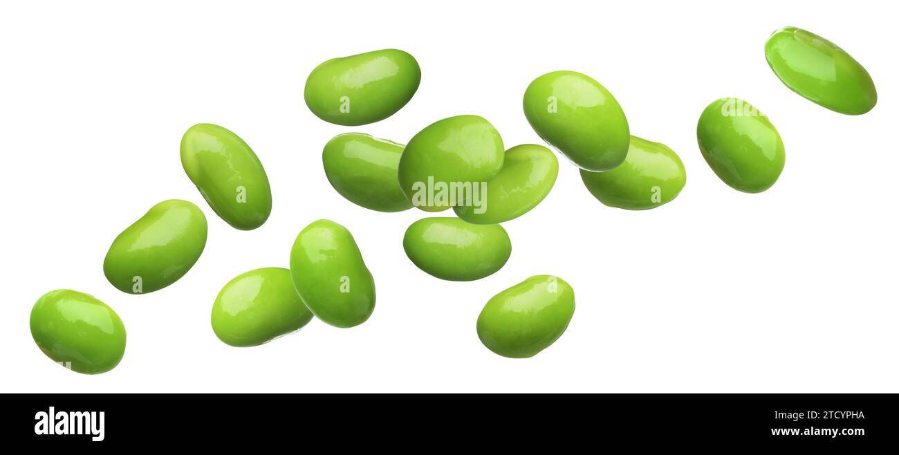 Delicious edamame soybeans flying on white background Stock Photo - Alamy