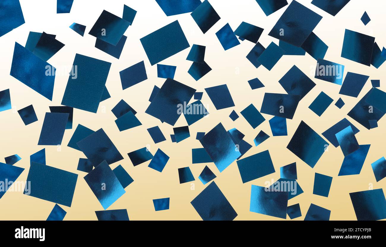 Shiny blue confetti falling on gradient yellow background. Banner design Stock Photo - Alamy