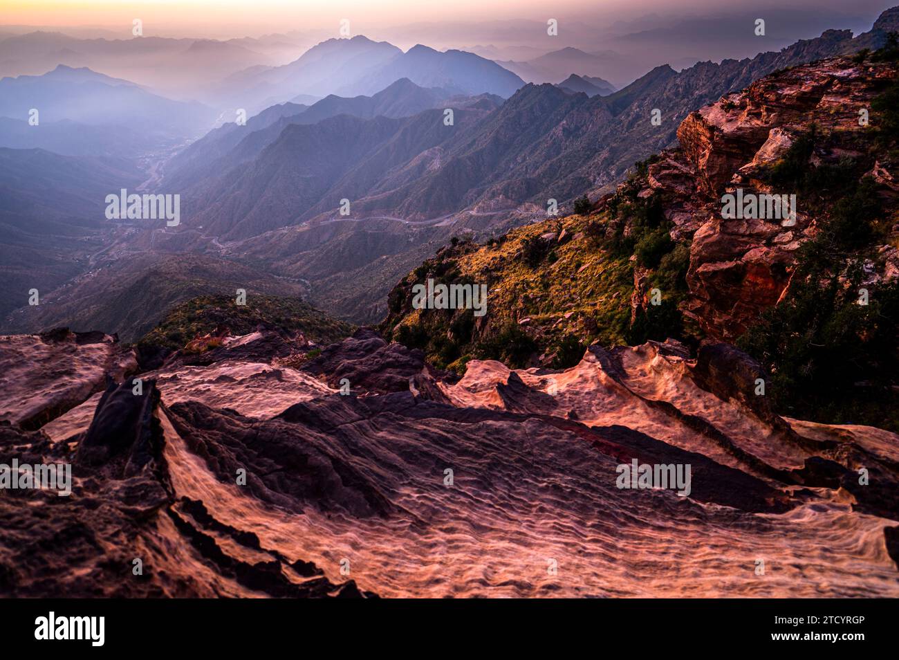 Colorful landscape background at sunrise in the Asir Mountains in Saudi ...