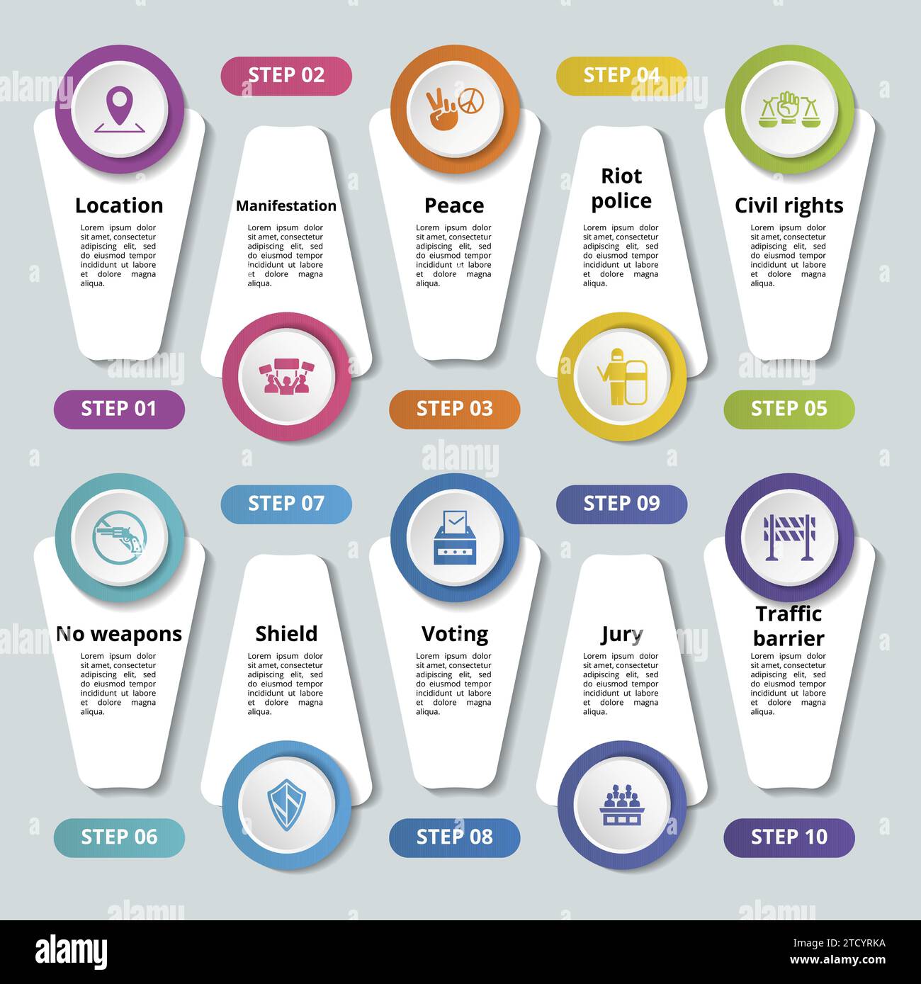Infographics with Civil Rights theme icons, 10 steps. Such as location ...