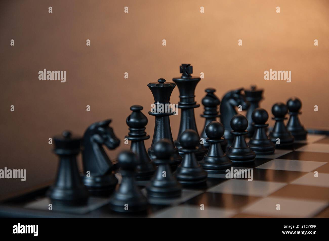 initial setting of black chess pieces before the start of a chess game ...
