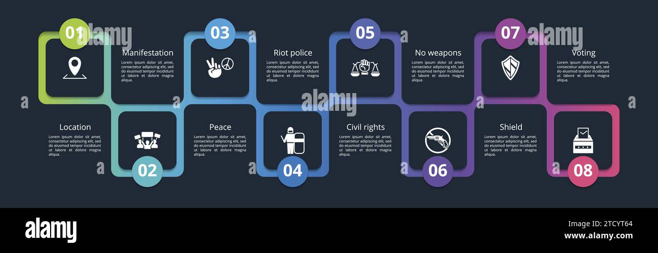 Infographics with Civil Rights theme icons, 10 steps. Such as location ...