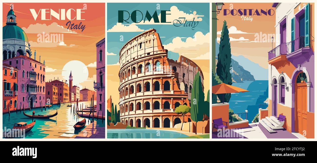 Set of Italy Travel Posters in retro style vector Stock Vector Image ...