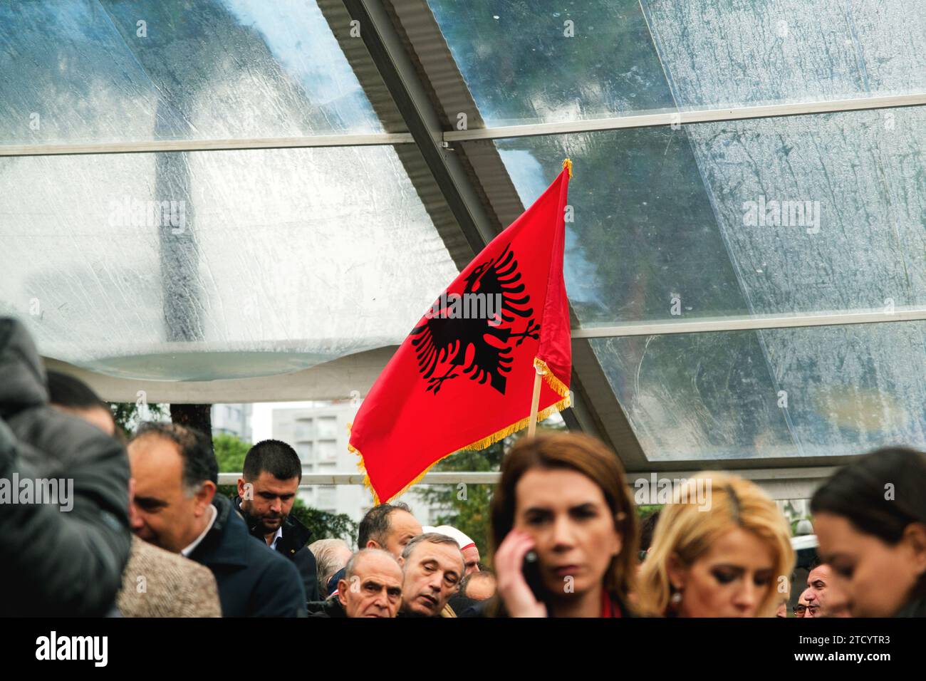 Tirana, Albania - November 28, 2023: A close-up of the Albanian flag ...