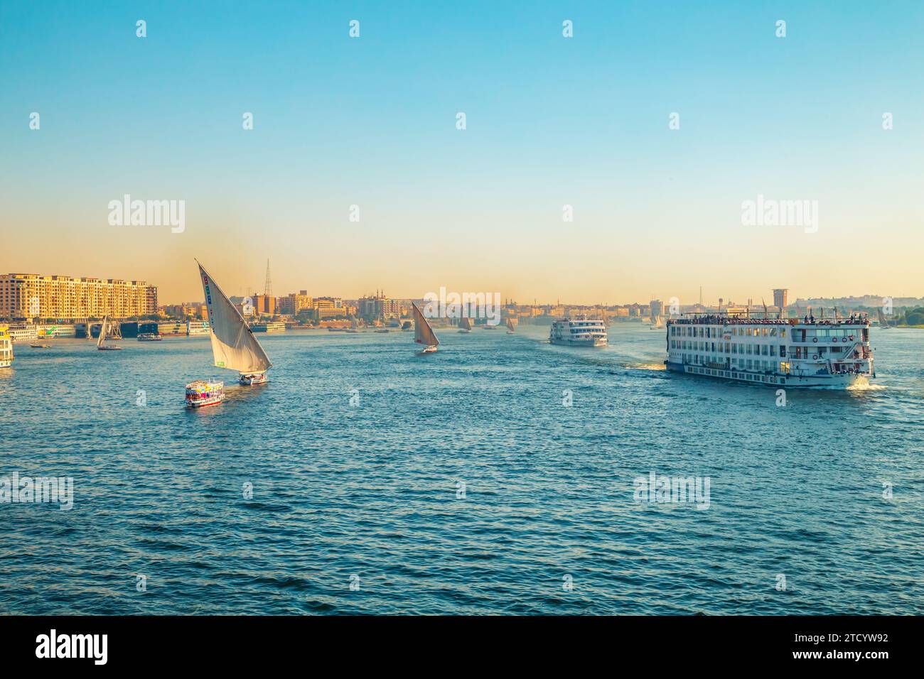 Traditional felucca boats on the Nile River in Aswan. Magnificent view ...