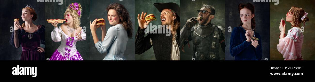 Collage made of people dressed like different medieval royal persons ...