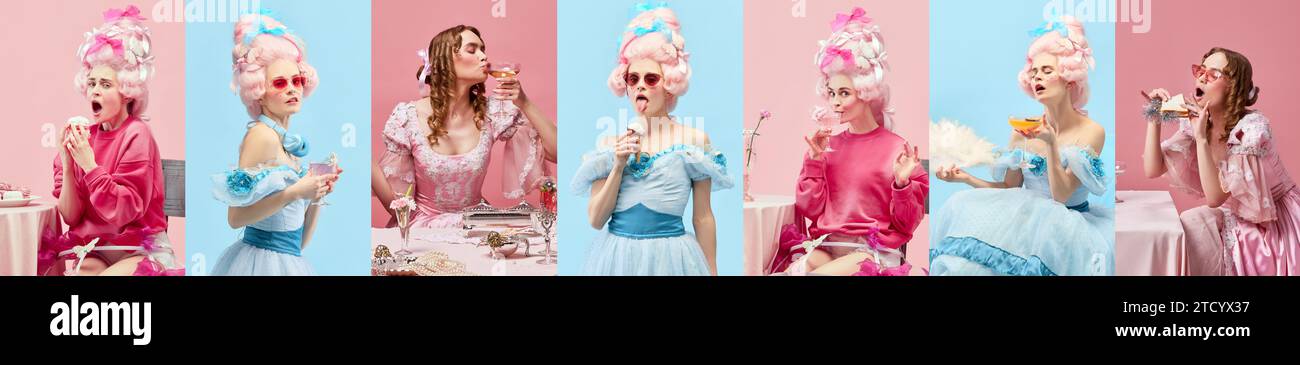 Collage. Beautiful woman in elegant dresses, medieval queens, princess ...